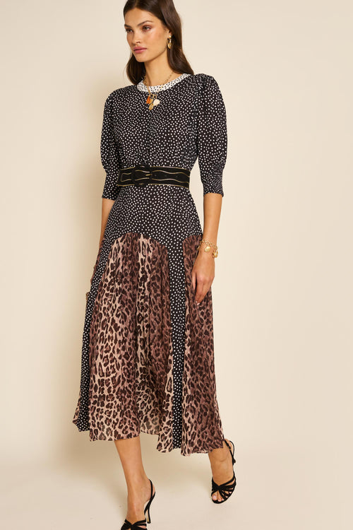 Meg Leopard Midi Dress in Black Leopard Polka Dot