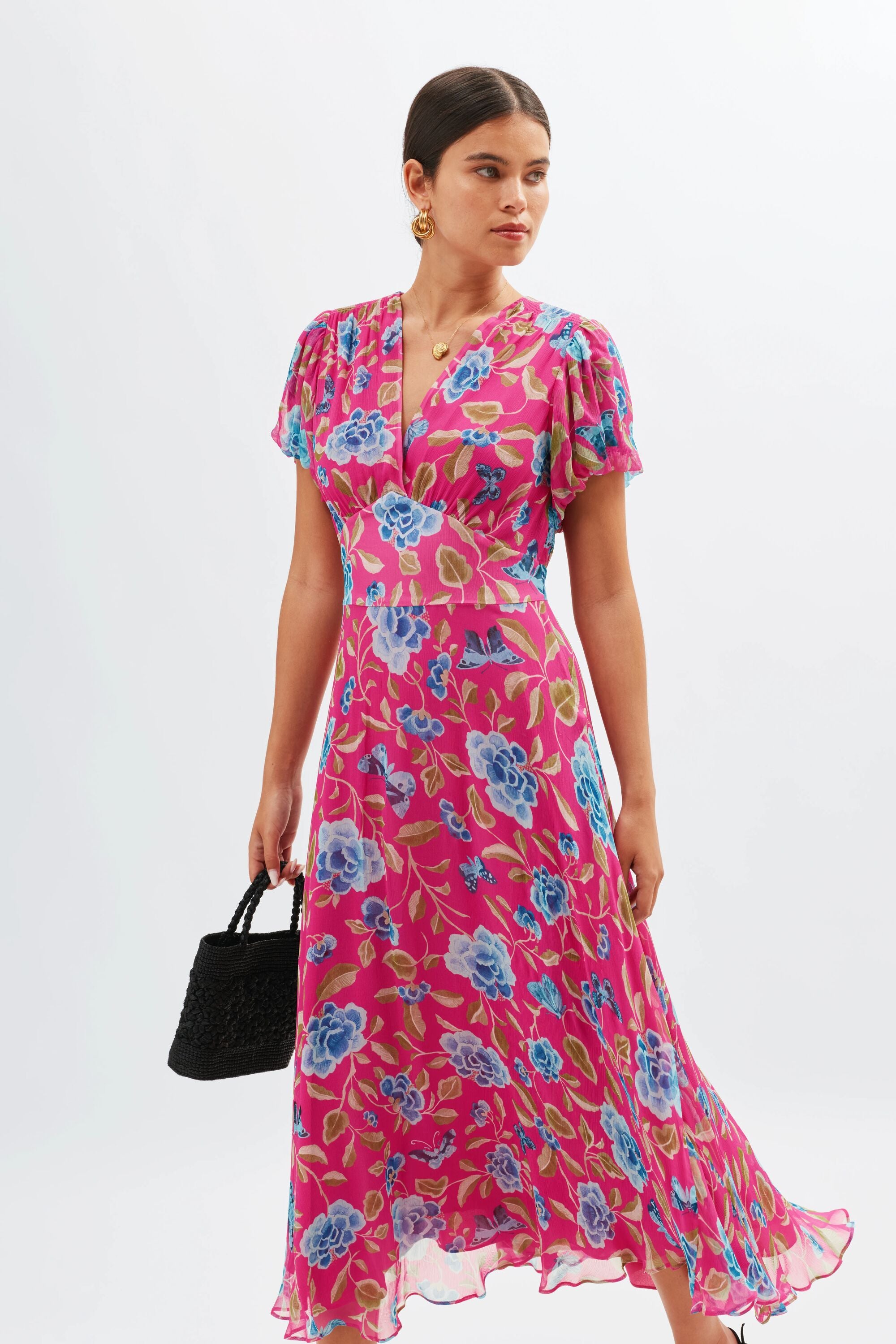 Corrine Midi Dress in Pink Butterfly Floral Magenta | RIXO ⋆