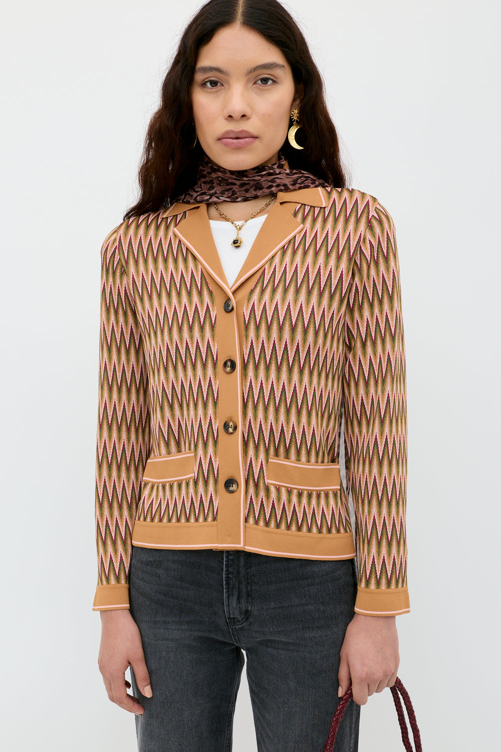 Quinley Knitted Cardigan in Brown Maeve Jacquard Multi