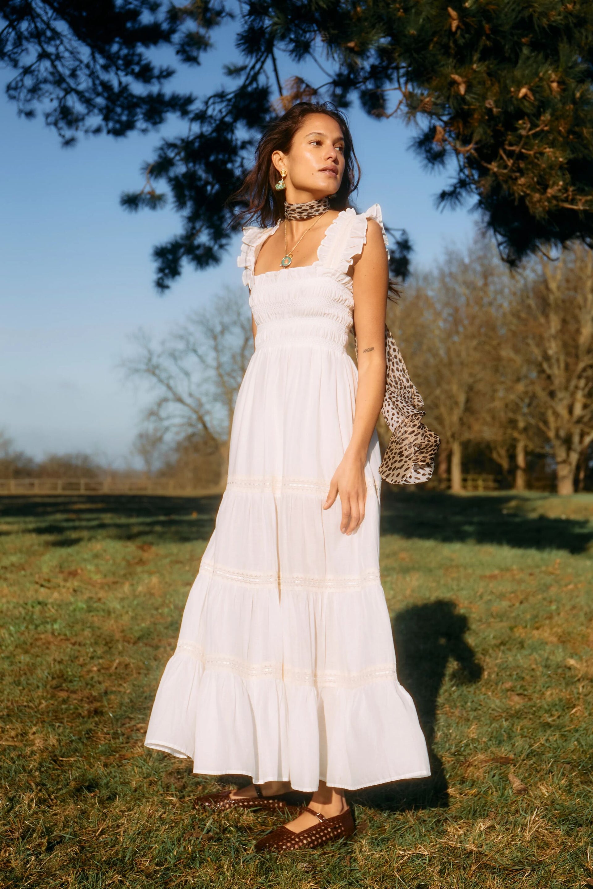 Aubrie Cotton Midi Dress in White Ivory