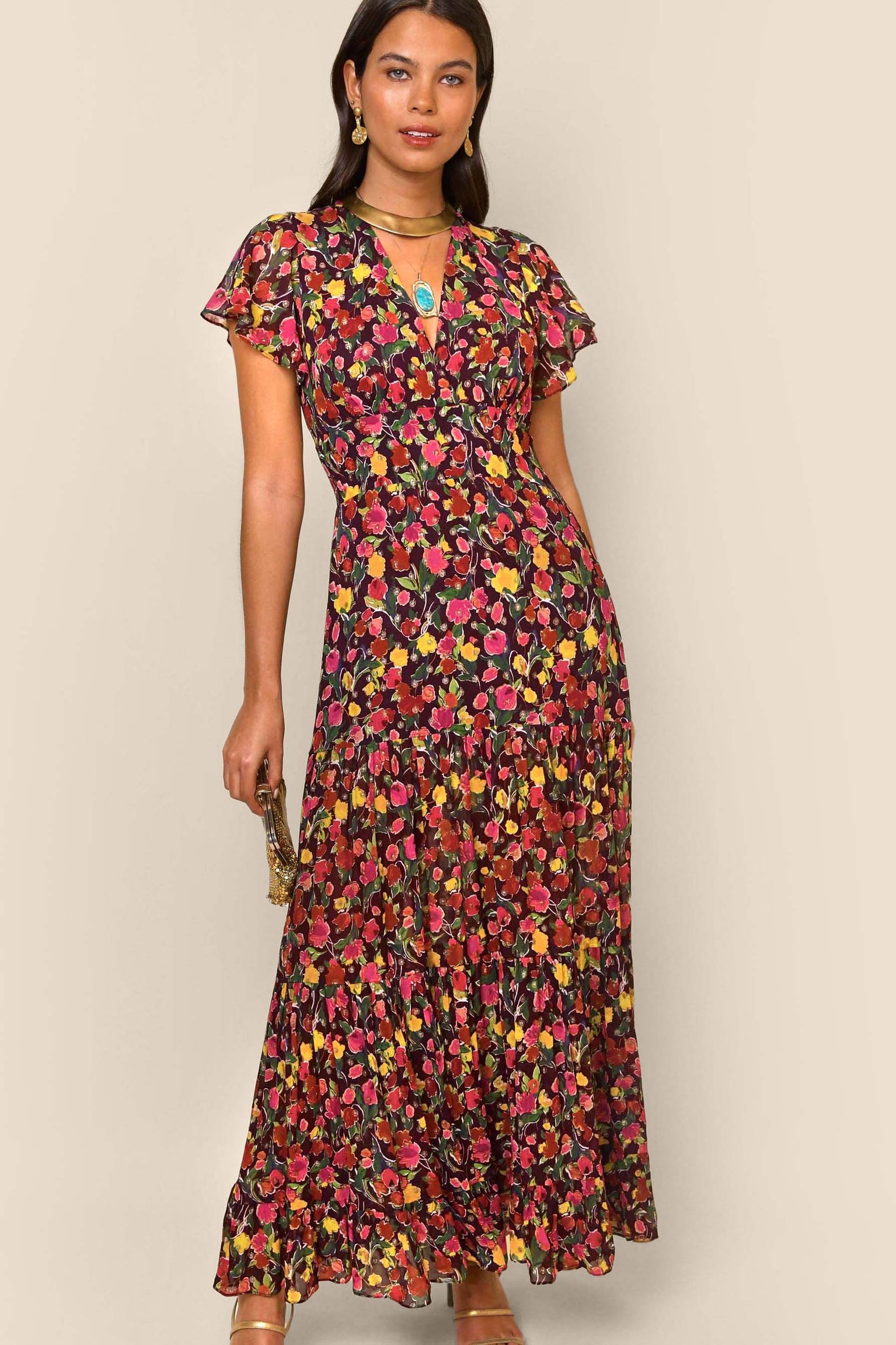 Delicia Midi Dress in Brown Fontainhas Floral Maroon