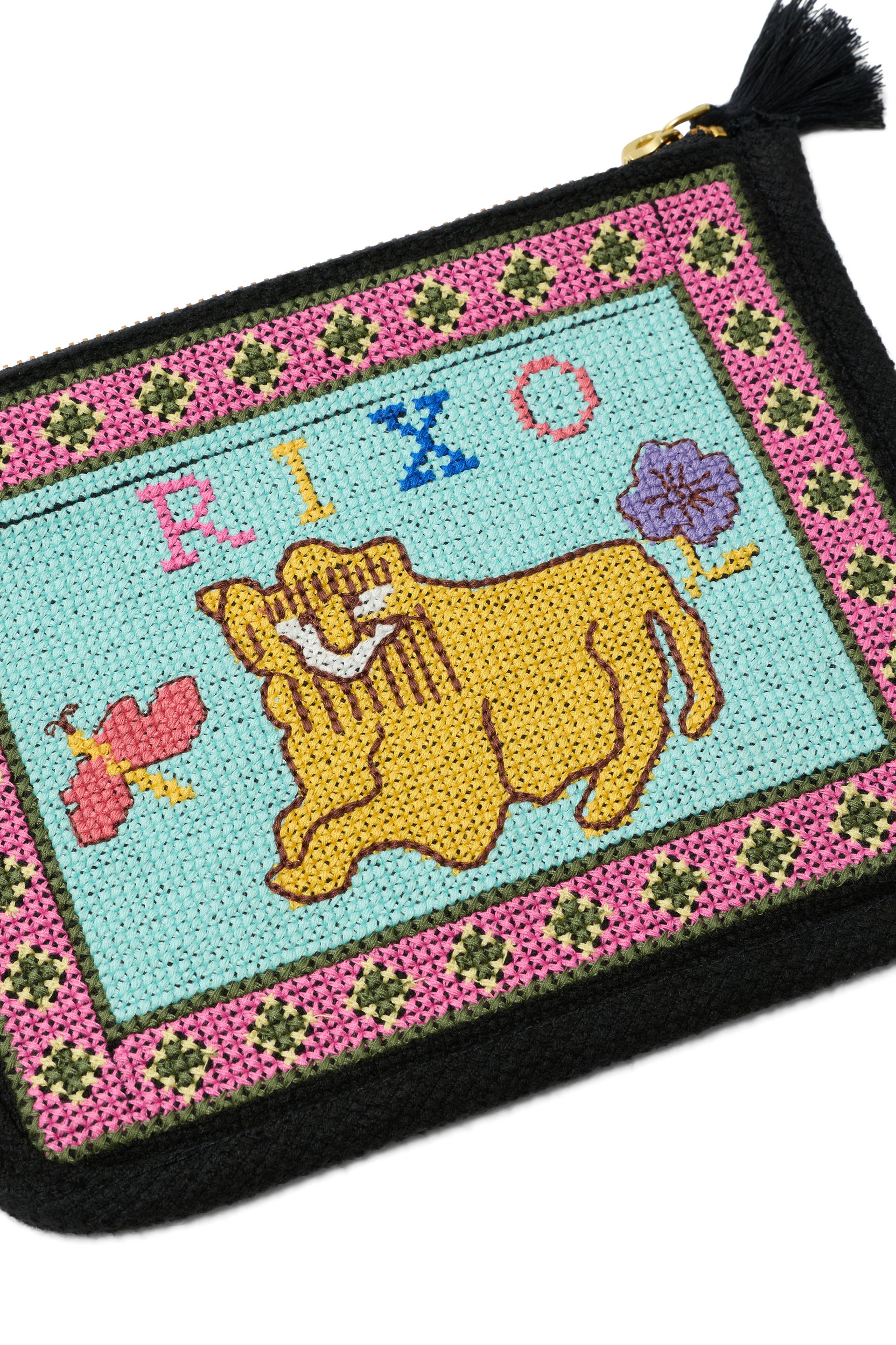 Reiko Pouch in Blue Mini Leo Cross Stitch Embroidery Charcoal