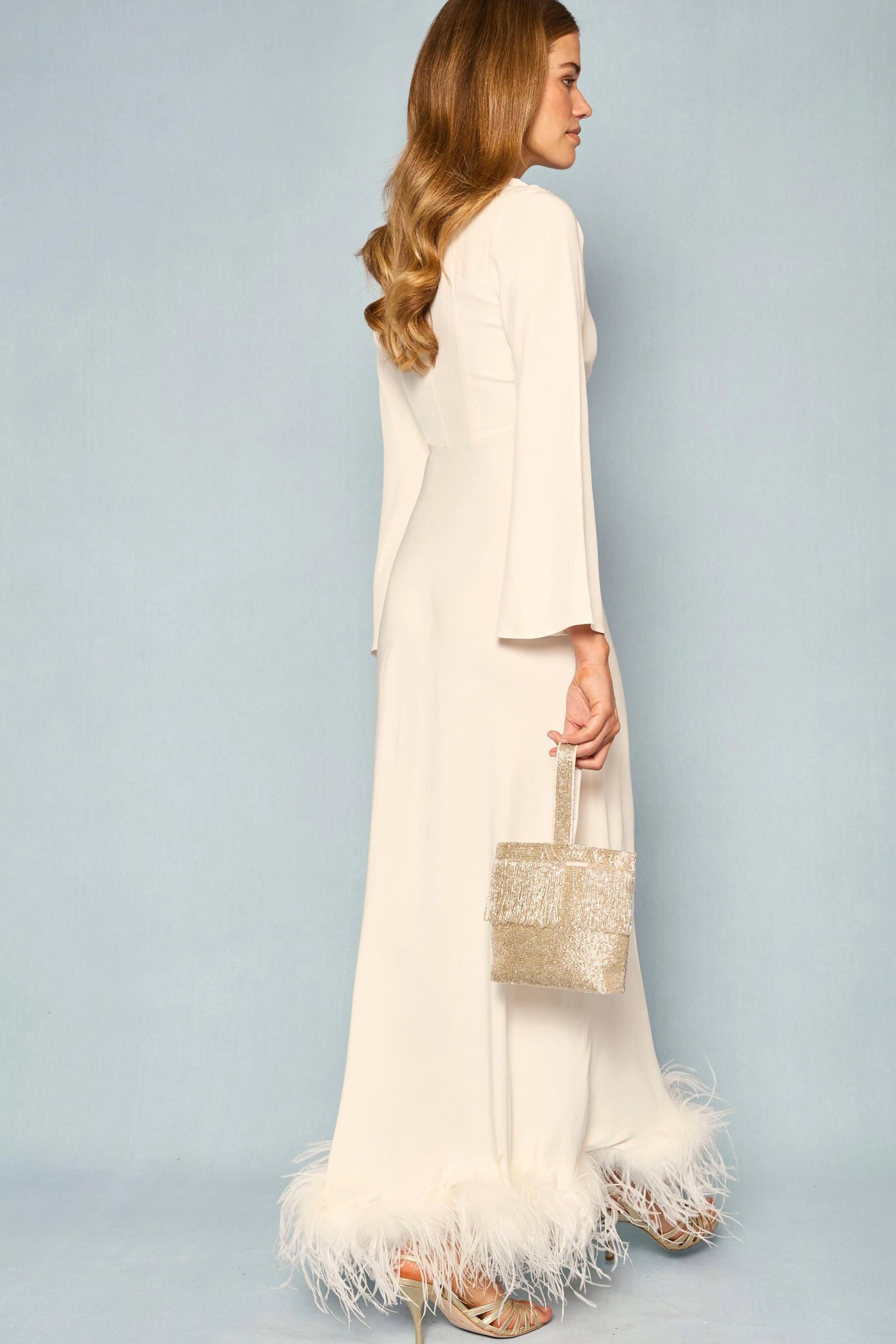 Mya Feathered Maxi Dress in Ivory Feathers