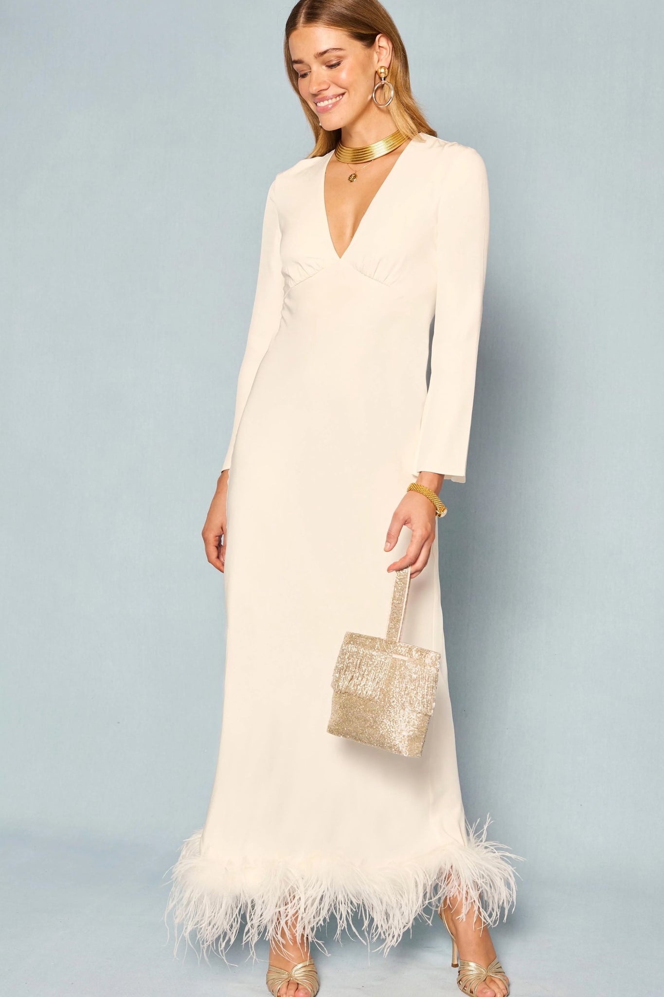 Mya Feathered Maxi Dress in Ivory Feathers