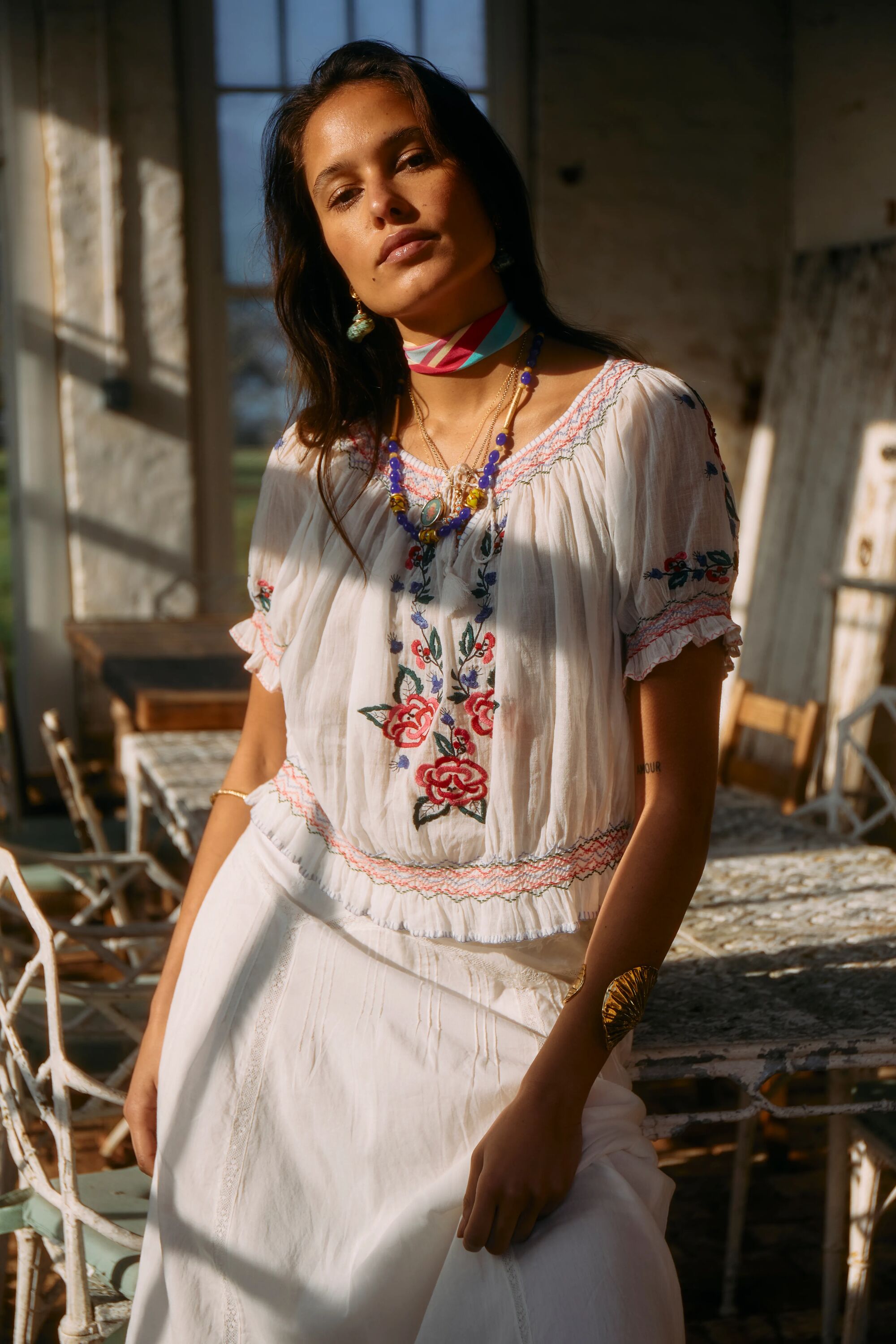 Phlox Cotton Top in White Hungarian Rose Embroidery Ivory