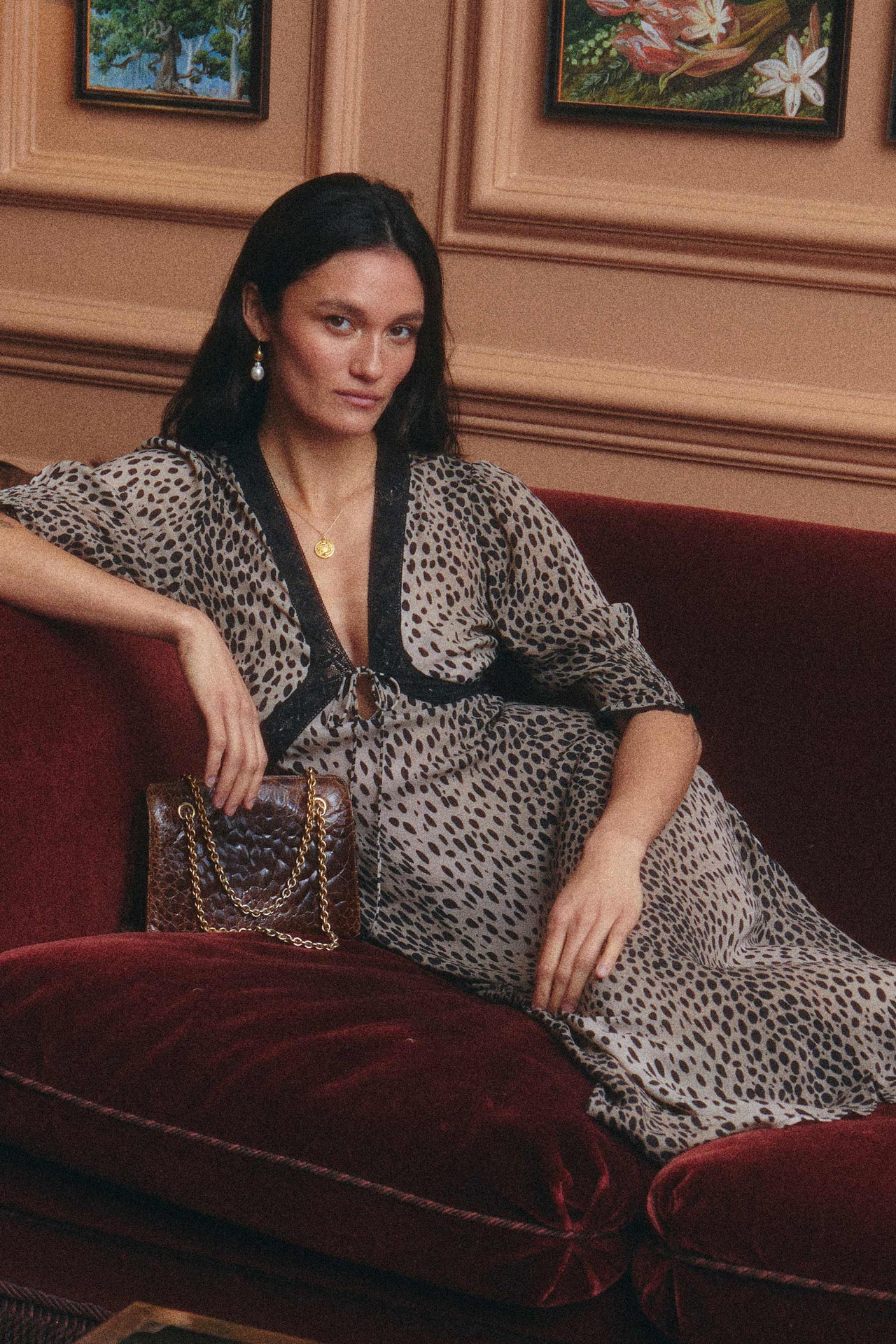 Amina Midi Dress in Brown Antelope Spot Black