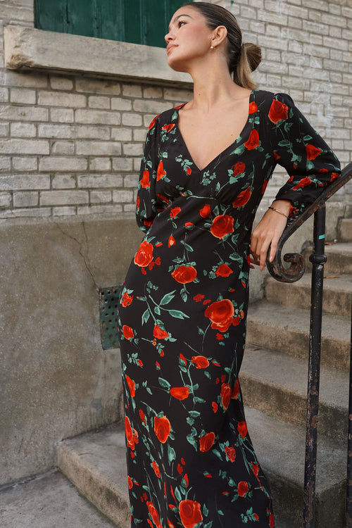 Mavis Silk Midi Dress in Claudia Rose Black