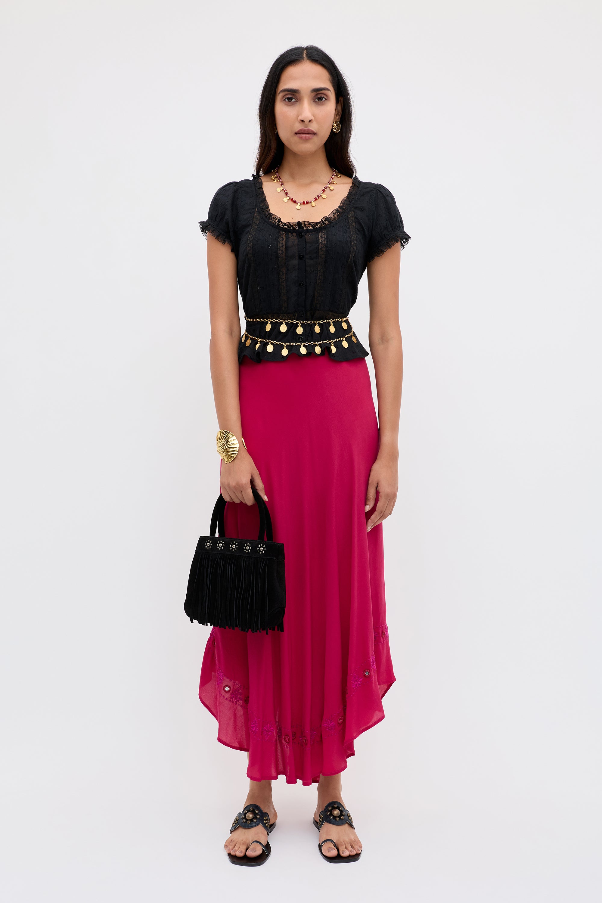 Rudy Embellished Silk Skirt in Mirror Embellishment Magenta Pink | RIXO ...