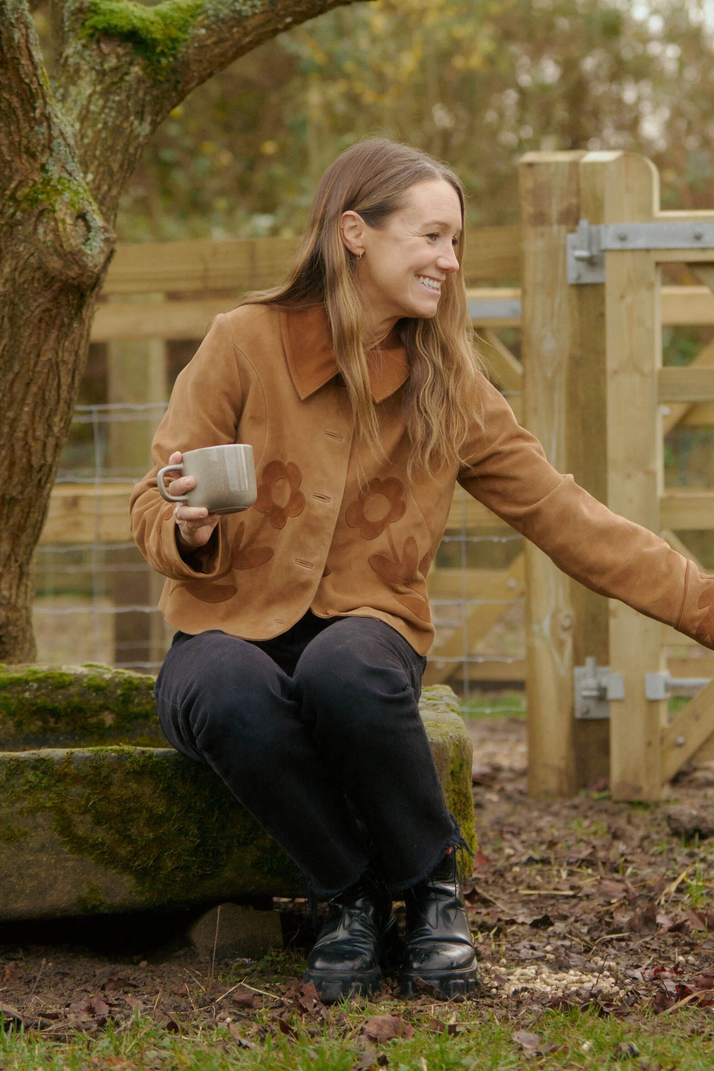 Dionne Suede Jacket in Brown Retro Daisy Applique Tan
